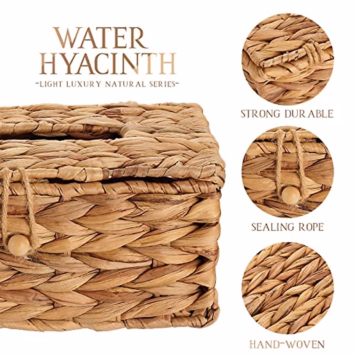 Tissue Box Cover, Rectangular Woven Tissue Box Holder, Water Hyacinth Rustic Decorative Facial Tissue Holder for Bathroom Living Room Bedroom Dresser Office Car (Rectangular)