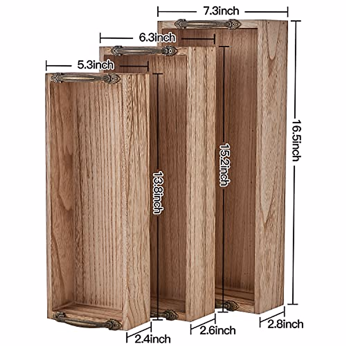 3pcs Burnt Narrow Wooden Serving Trays(13.8"/15.2"/16.5") with Decorative Antique Metal Handles - Sink Vanity Trays/Farmhouse Decor Rectangular Tray for Coffee Table/Bed Food,Breakfast,Dessert,Tea