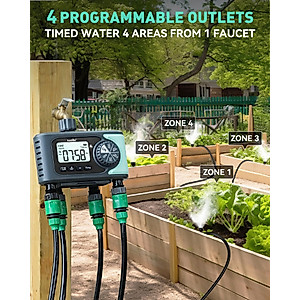 RAINPOINT Sprinkler Timer 4 Zone Water Timer, 4 Outlets Hose Timers for Watering with Rain Delay/Manual/Automatic Timed Irrigation Controller System, Programmable Digital Faucet Timer for Lawn Pool