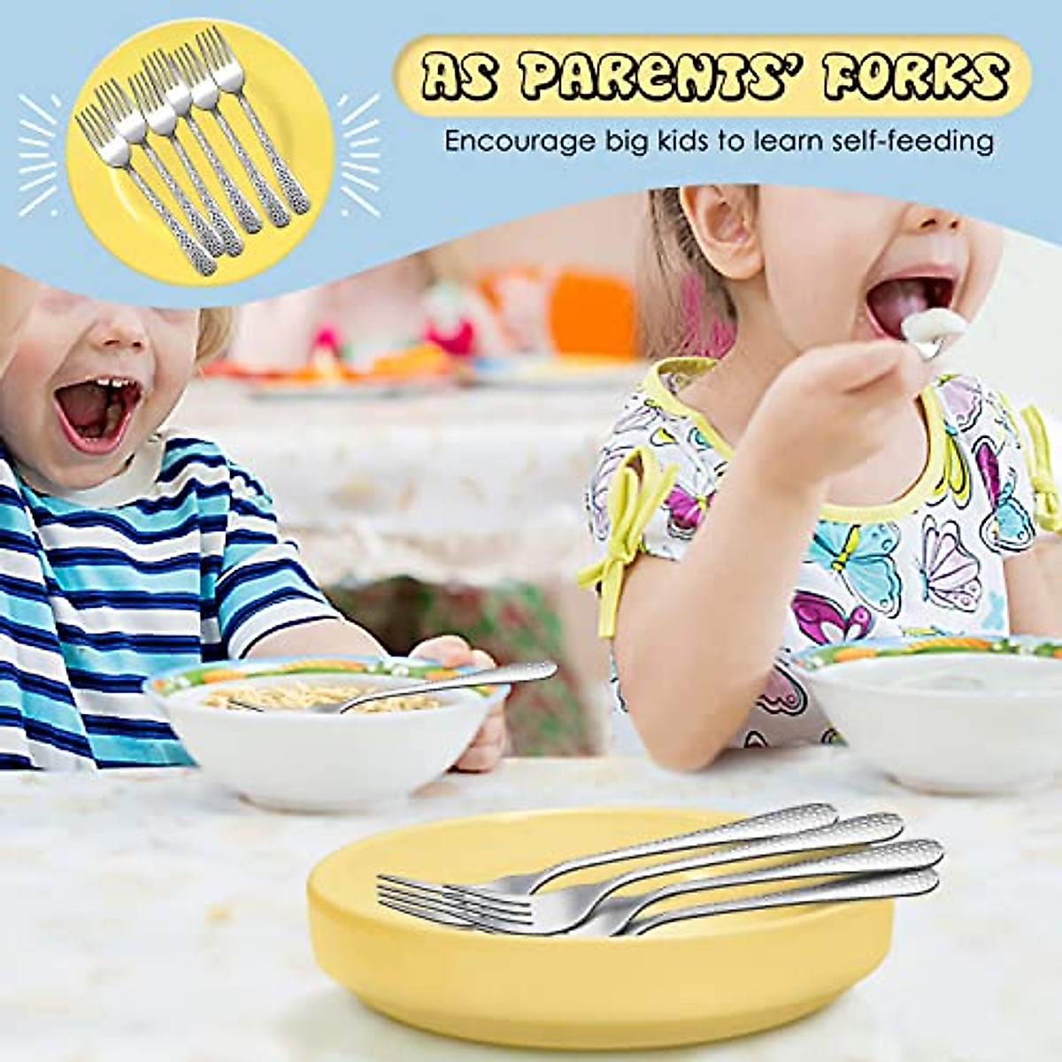 Stainless Steel Kids Forks, E-far 6-Piece Toddlers Forks Safe for Preschooler/Children, Hammered Adult look & Small Size, Rust Free & Dishwasher Safe