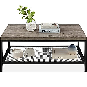 Best Choice Products 44in Modern Coffee Table, Large 2-Tier Industrial Rectangular Wood Grain Top Coffee Table, Accent Furniture for Living Room w/Mesh Shelf, Metal Frame - Gray