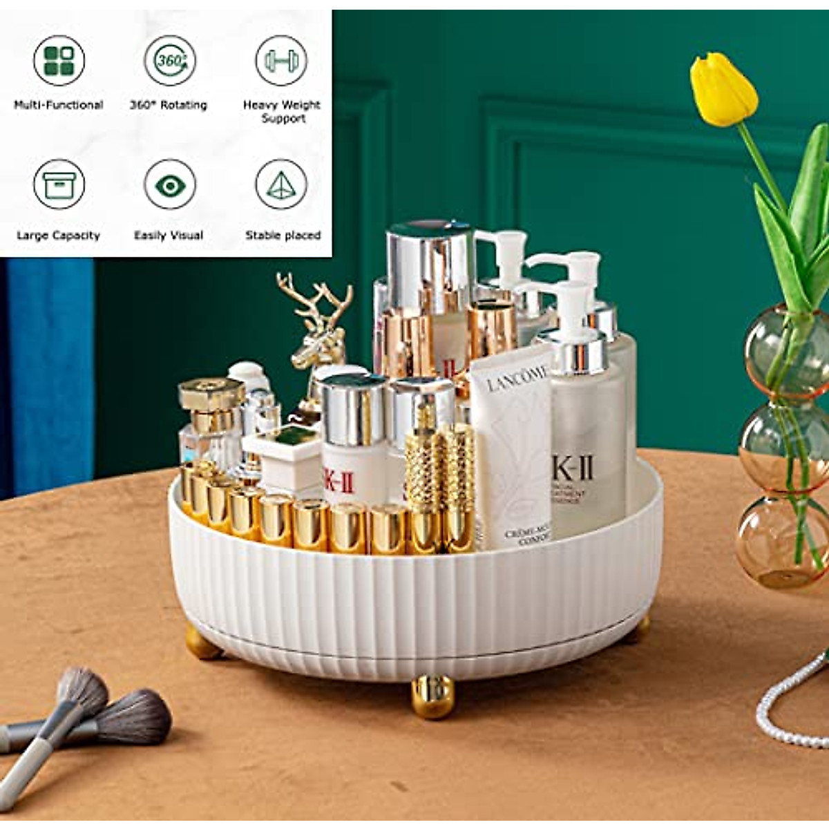 Hisikou White 360 Rotating Makeup Organizer - Large Capacity Spinning Skincare Perfumes Organizer - Cosmetics Organizer for Vanity Countertop and Bathroom Dresser - Lazy Susan Bathroom Storage Box