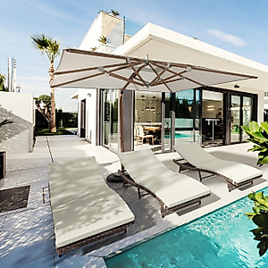 LHBcraft Wicker Chaise Patio Lounge Chair, 5 Position Adjustable Backrest and Cushions Outdoor PE Rattan Wicker Lounge Chair (3 pcs), Brown-beige