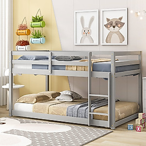 ZJIAH Solid Wood Twin Over Twin Floor Bunk Bed w Ladder, Safety Guard Rails, Wooden Twin Bunk Beds for Teens/Adults, Low Bed Frame Bedroom Furniture, No Spring Box Required