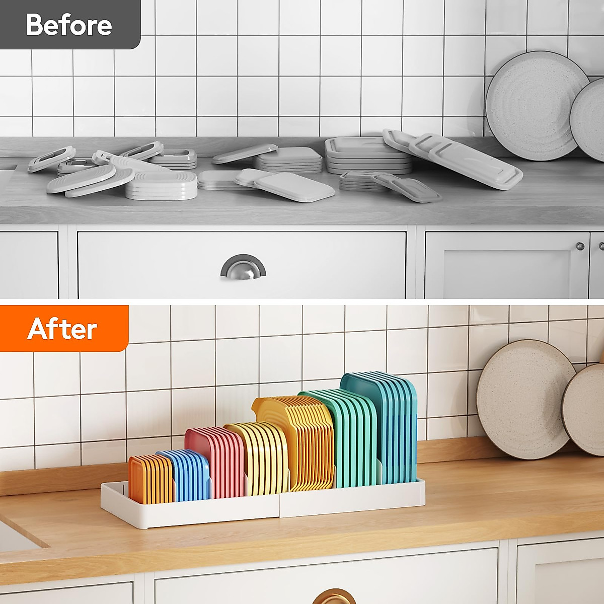 Lifewit Lid Organizers for Cabinet Adjustable, Extra Large 13-24" Food Storage Container Lid Divider with 8 Inserts & 21 Compartments, Plastic Lid Holder Inside Cabinet in Kitchen/Pantry Organization