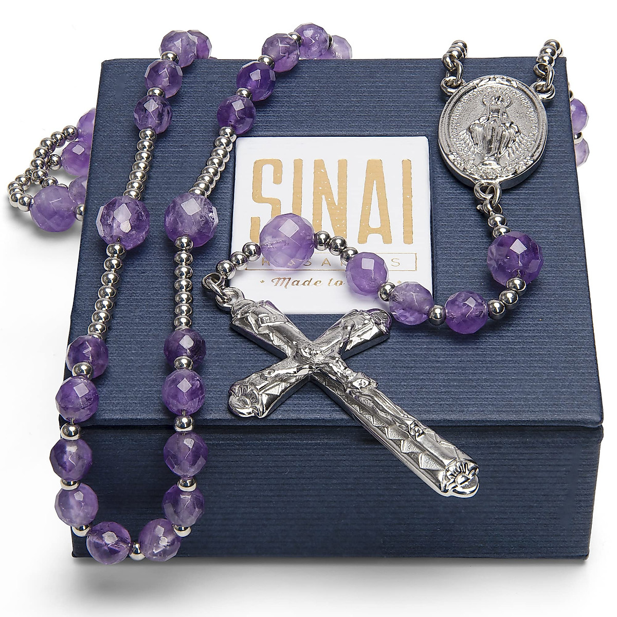 Our Lady Rosary Beads Catholic for Women, Miraculous Medal original Amethyst and Stainless Steel Rosary