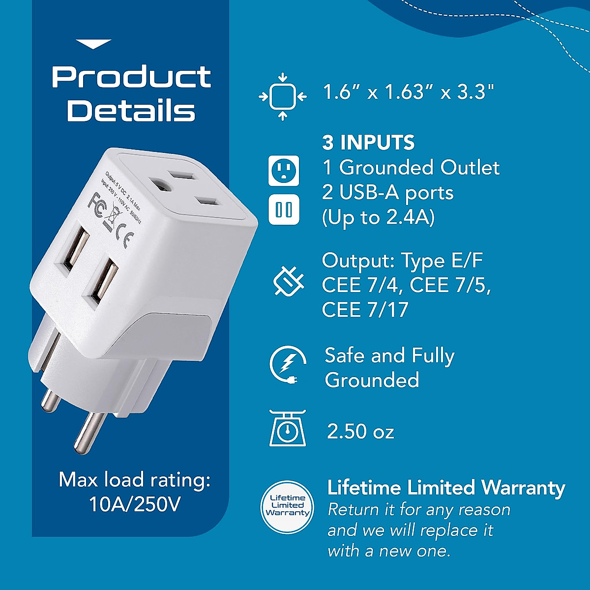 Ceptics Europe Travel Adapter Plug Set Schuko - with 2 USB + USA Socket Input - Type E/F and Type C - Ultra Compact - Safe Grounded Perfect for Cell Phones, Laptops, Camera Chargers (CTU-9-9C-PK)