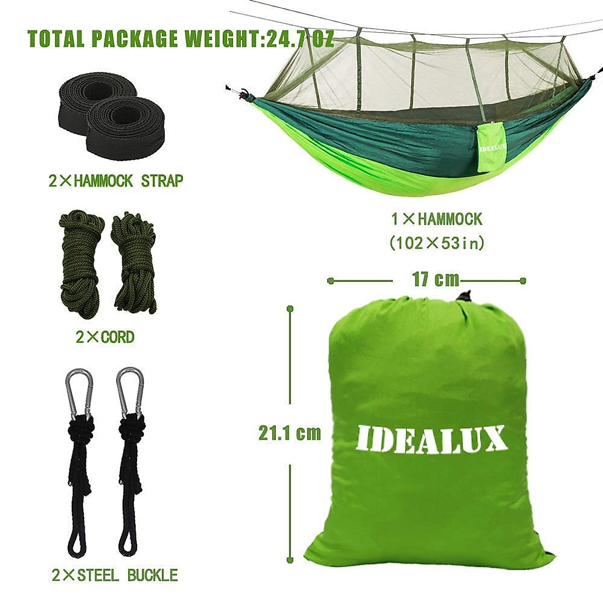 IDEALUX Camping Hammock with Net, Lightweight Portable Double Parachute Hammocks, 210T Nylon, High Capacity and Tear Resistance, Perfect for Camping, Backyard Relaxation (Green)