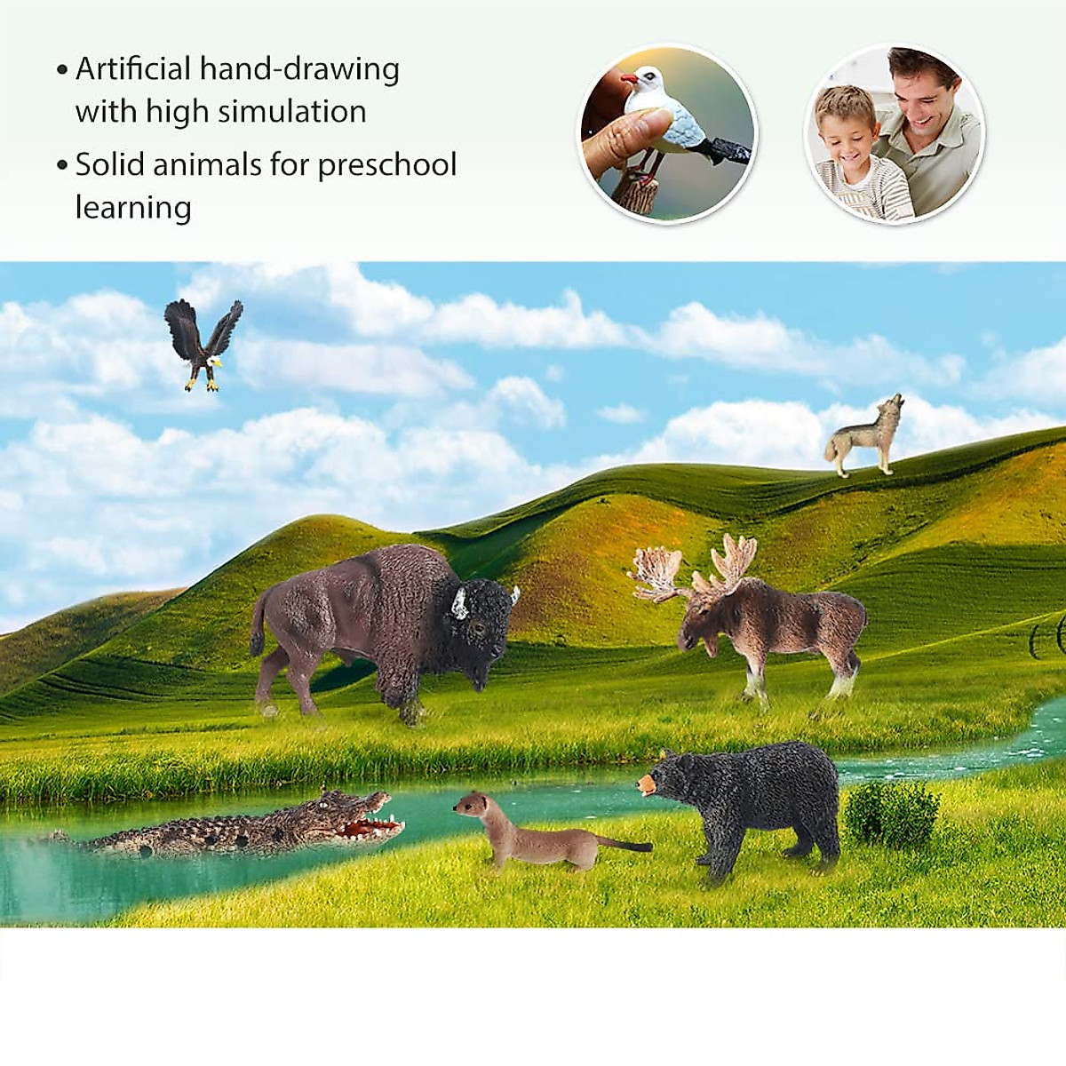 Volnau Safari Animal Figurines Toys 7PCS North America Figures Zoo Pack for Toddlers Kids Christmas Decoration Gift Preschool Educational Moose Wolf Bear Jungle Forest Woodland Set