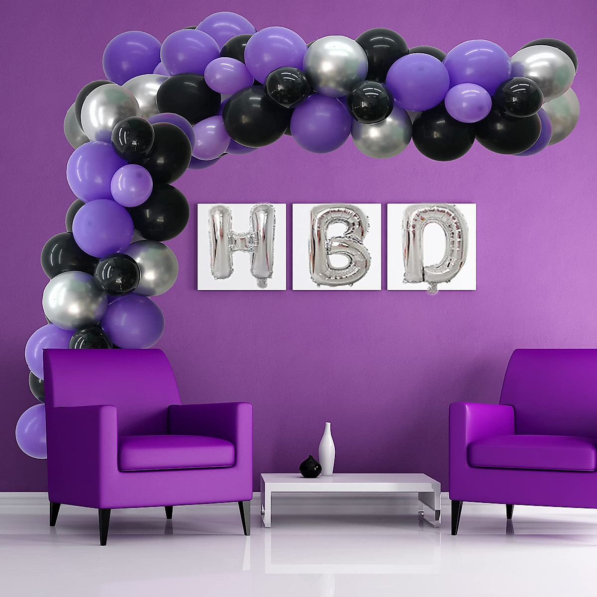 Black and Purple Balloons - 130pcs Black and Purple Balloon Arch Kit with Metallic Silver Balloons, Purple and Black Balloon Garland Kit for Birthday Party Wedding Baby Shower Graduations Festival