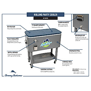 Tommy Bahama 77 Quart Rolling Stainless Steel Cooler with Wheels