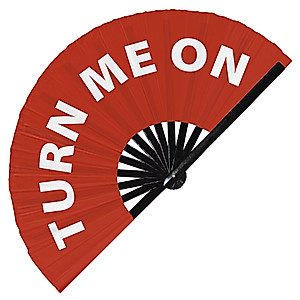 Turn Me On hand fan foldable bamboo circuit hand fan funny gag slang words expressions statement gifts Festival accessories Rave handheld Circuit event fan Clack fans (Red)