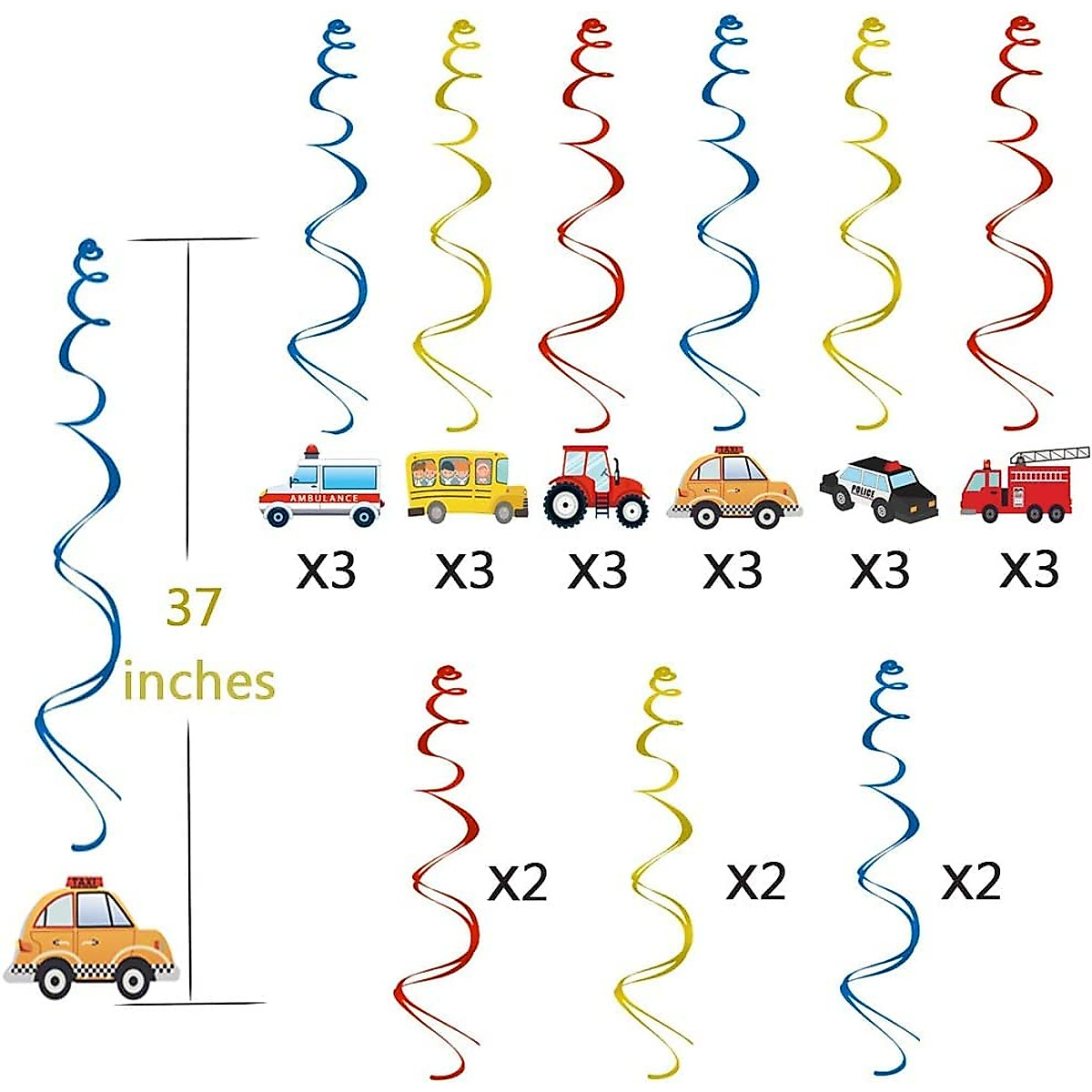 Transportation Party Hanging Swirl Decorations - 30Ct Cars Theme Happy Birthday Banner Garland for Transportation Themed Birthday Baby Shower Party Supplies