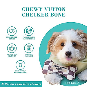 Haute Diggity Dog Checker Chewy Vuiton Bone, Plush Designer Dog Toys with Interactive Squeaker, Stimulating Pet Enrichment, Machine-Washable & Safe Materials for All Breeds, Size Medium