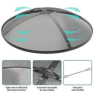YITAHOME Heavy-Duty Fire Pit Spark Screen with Handle and Poker, Metal Fire Pit Cover for 36-Inch Round Outdoor Fire Pits