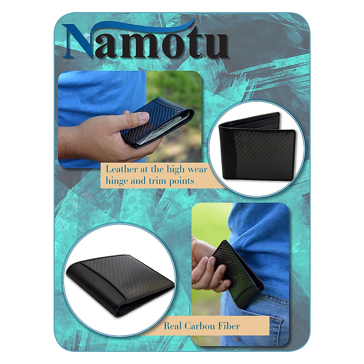 Namotu Real Carbon Fiber Wallet w/RFID Blocking Tech, Leather at Hinges and Trim - ID Window - Mens Slim Thin Real Carbon Bifold to Protect Your Money and Cards Identity