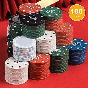 Lynkaye 100 Pcs Poker Chips with Storage Box, Plastic Poker Card Chips with Denomination Printed Number for Texas Home Nights, Learning Math Counting, Bingo, Family Game Token