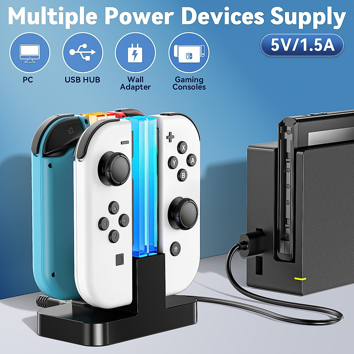 Switch Controller Charger Dock for Nintendo Switch Joycon, Joy con Charging Dock with Lamppost LED Indication, Switch Charging Station Stand for 4 Joy Cons, Joycon Charger with Type-C Cable