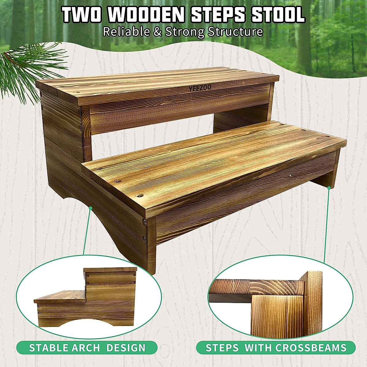 Long wooden step stool, 2 steps wood stool with non-slip pads for kitchen high bed for kids, adults and elderly (26.8" L*20.1" W*11.8" H)