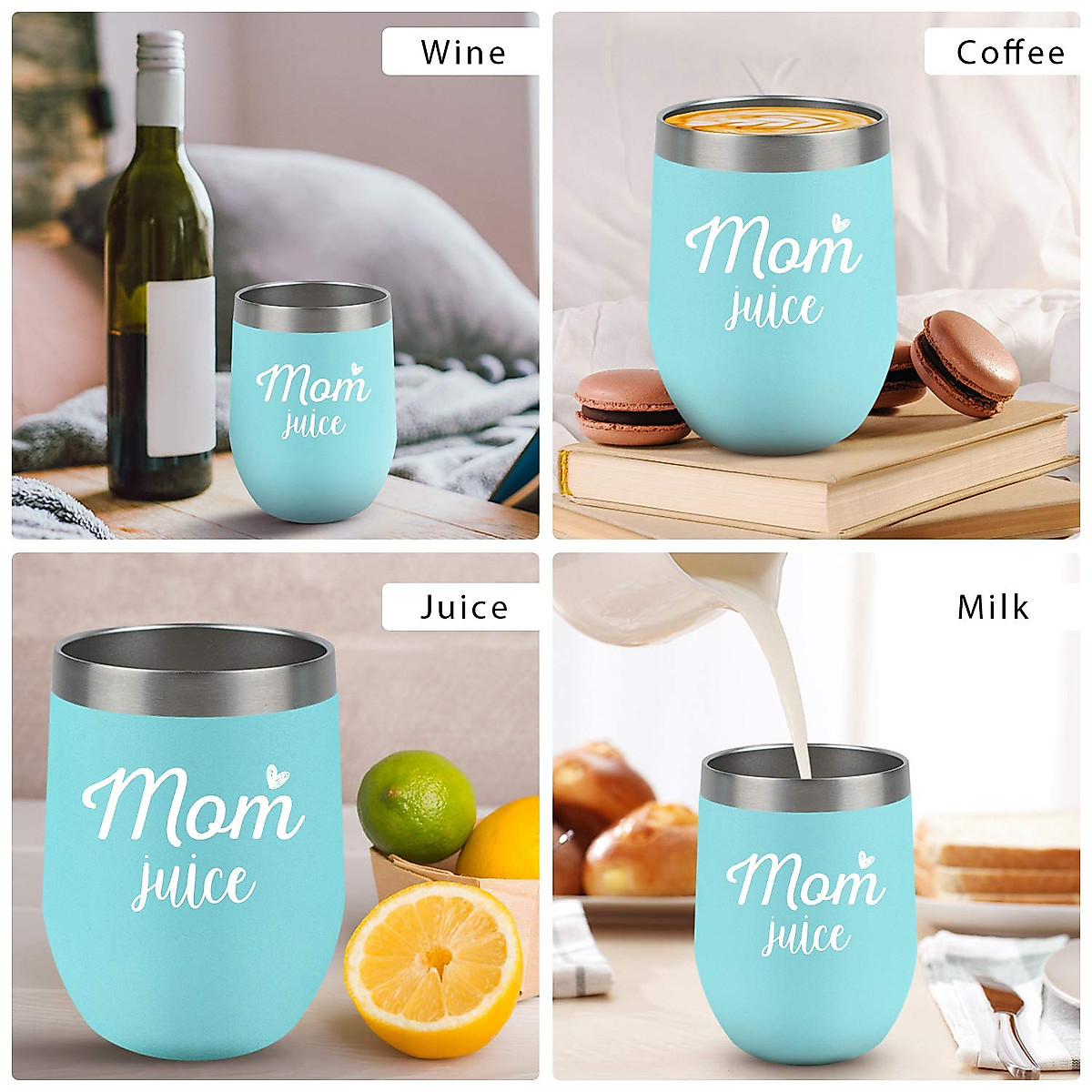 Supkiir Mom Juice, 12 oz Wine Tumbler, Double Wall Vacuum Insulated Wine Glasses with Lid, Stainless Steel Cup for Wine,Coffee,Cocktails|Perfect Mother's Day, Christmas