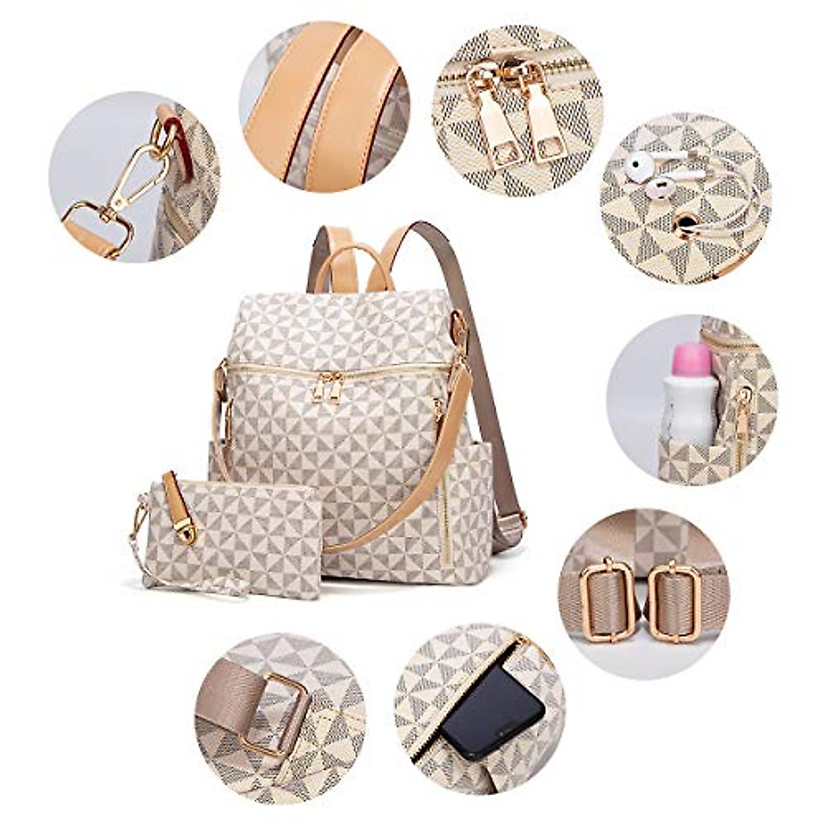 Makes Backpack Purse for Women, PU Leather Travel Satchel Handbag, Convertible Design Bag with Purse, 2 Piece(Beige)