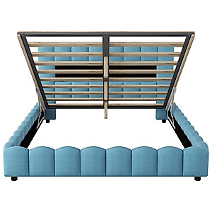 HABUHOME Queen Size Lift Up Storage Bed/Button Tufted Wingback Headboard/Hydraulic Storage/Upholstered Platform Bed Frame/No Box Spring Needed/Wood Slats Support/Light，Blue