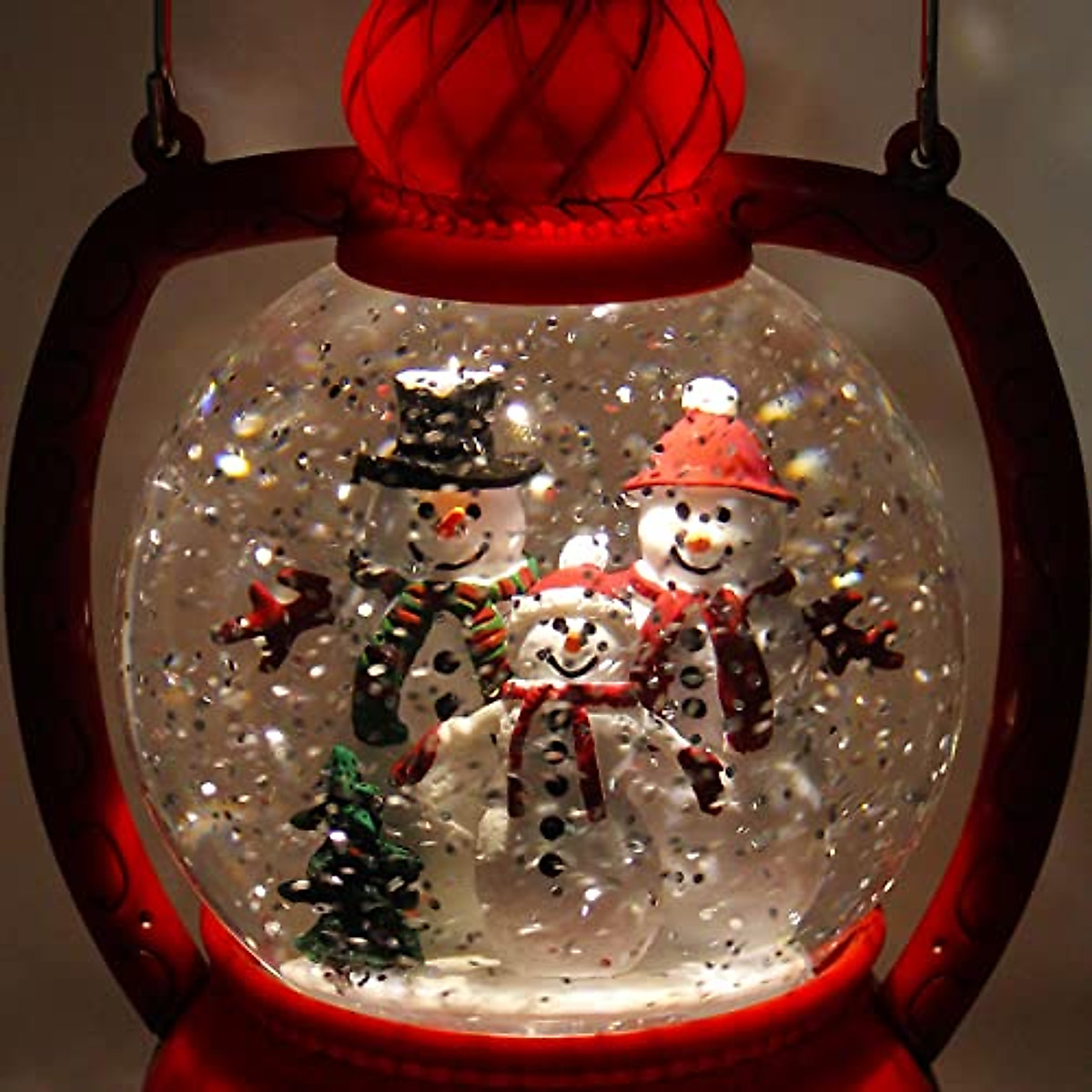 Christmas Decor Lighted Spinning Lantern Snowglobe with Snowman Family Scene, Red, Battery Operated (not included) - 7.6" H x 4.2" W x 5.2" D