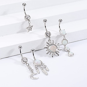 Drperfect 14G Belly Button Rings Dangle with Opal Feather Sun Moon Star for Women Belly Rings Navel Rings 316L Surgical Steel Belly Navel Piercing Jewelry (Silver Tone)