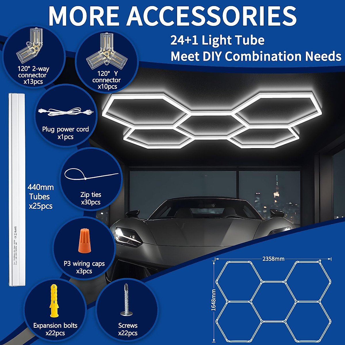 Zheedale Hexagon Garage Lights, Higher Brightness Lumens Honeycomb Hex Led Light 5 Grid for Garage, Auto Beauty Shop, Car Detailing Shop, Workshop, Basement, 3 Year Warranty