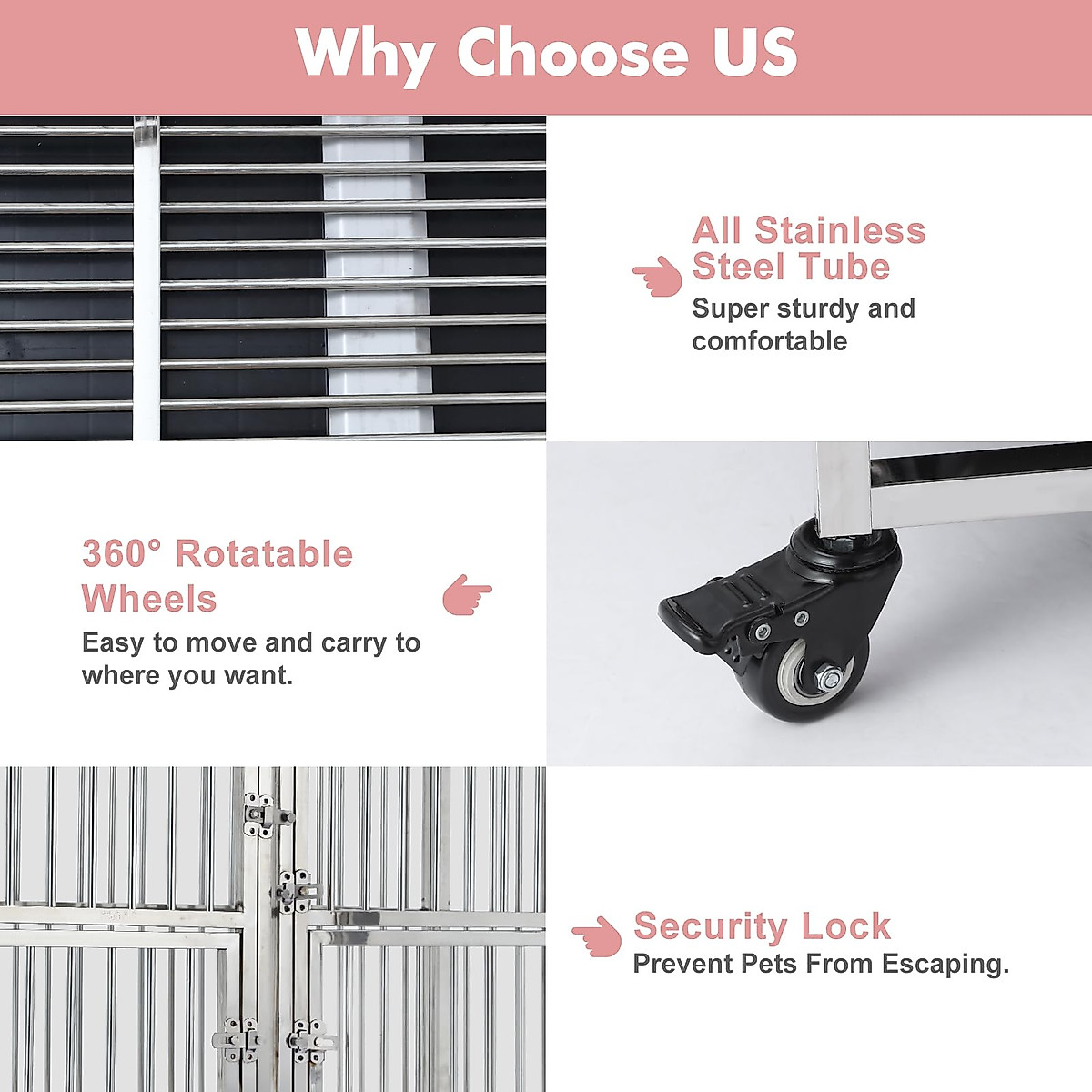 38" Heavy Duty Indestructible Dog Crate Steel Escape Proof Dog Cage Kennel for Small Medium Large Dogs Indoor Double Door High Anxiety Dog Crate with Wheels, Lock& Removable Tray, Silver (38 Inch)