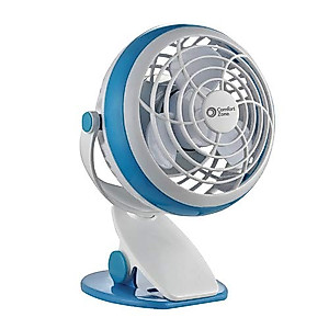 Comfort Zone CZBT4BL 4” USB or Battery Powered Dual Base Combo Clip-on or Desk Fan, Single Speed Setting, Adjustable Tilt, Lightweight, Blue