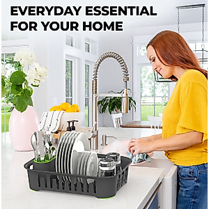 Mueller Dish Drying Rack, Dish Rack with Utensil Holder, Utensil Rack, Dish Drainer for Kitchen Countertop, Sink, European Made, 15" x 11" x 4", Gray/Green