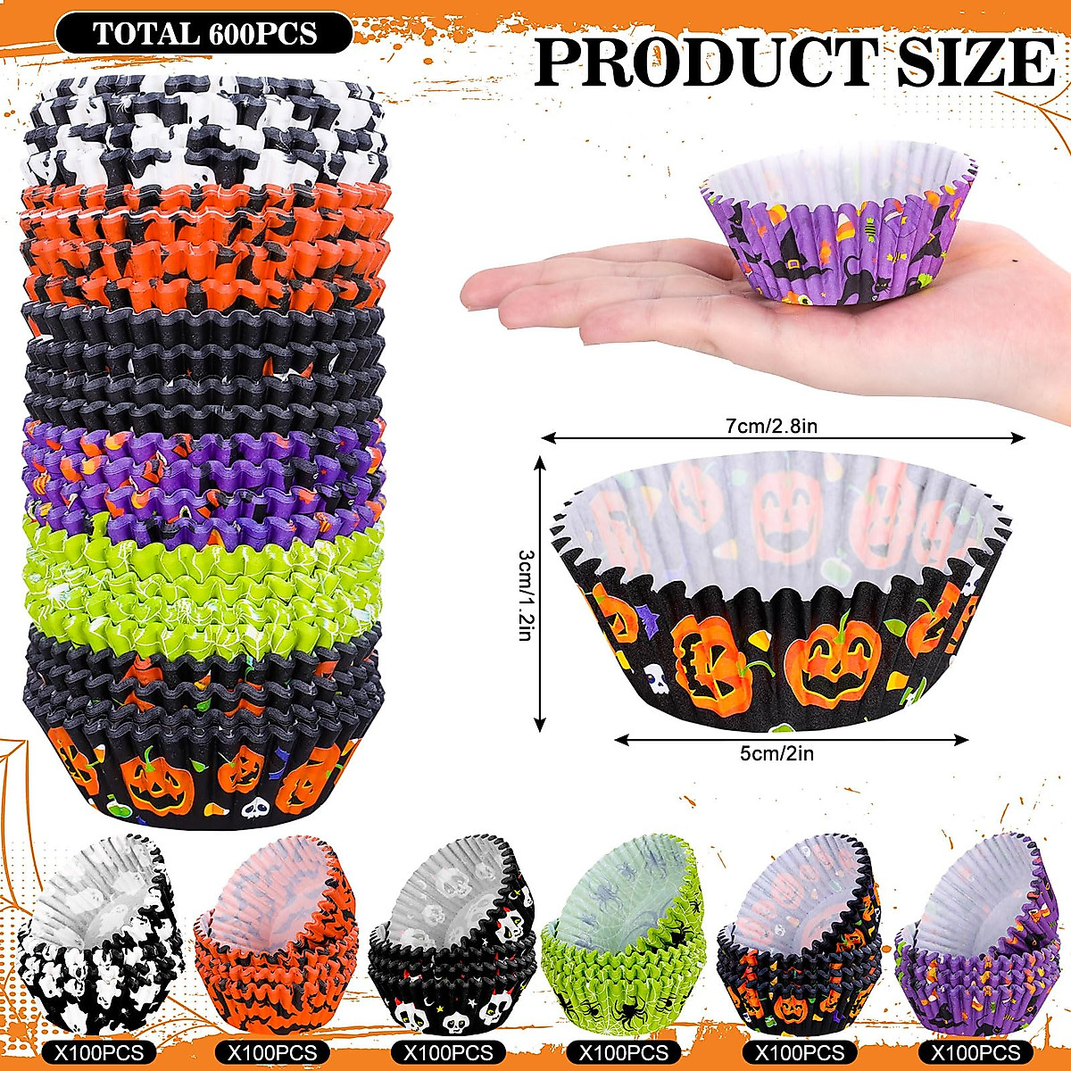 Whaline 600Pcs Halloween Cupcake Liners Pumpkin Witch Legs Bats Ghosts Spiders Skulls Cupcake Wrappers Baking Cups Holders Muffin Baking Liners for Halloween Party Supply