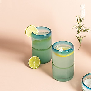 Hand Blown Mexican Drinking Glasses – Large Size – Set of 2 16-Ounce Glasses - Aqua Rim – Thick Handmade Glassware – Traditional Mexican Design – Salt Rimmer Included – Great for Margaritas & More