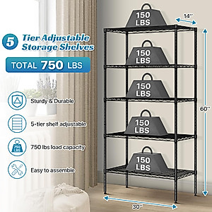 WYGMAV 5-Tier Shelf Metal Storage Rack Shelving Unit Adjustable Wire Shelving Unit Organizer Standing Shelf Units for Kitchen, Garage, Bathroom, Closet - Strong Steel Shelf with Wheels, Black
