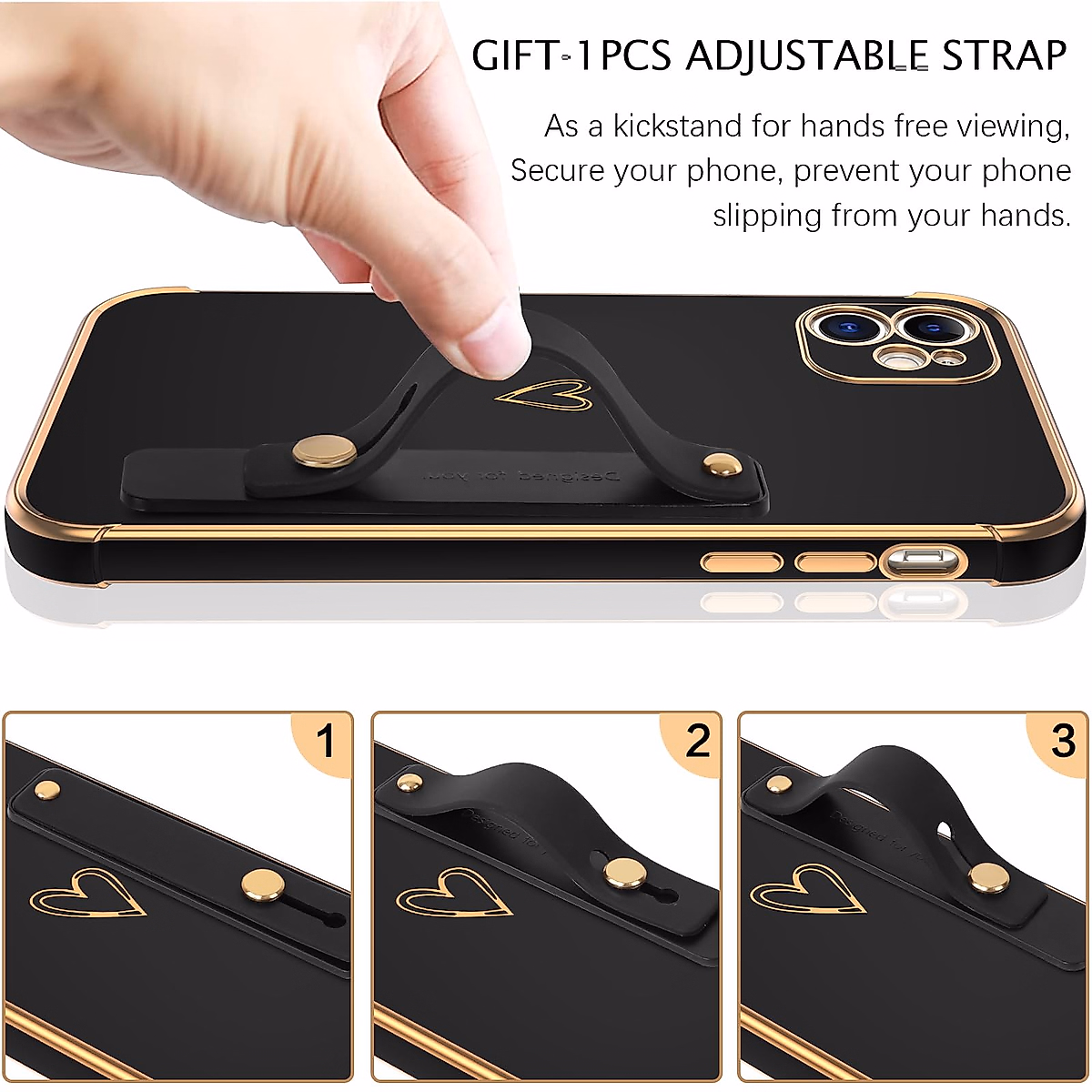 BENTOBEN for iPhone 12 Mini Case, Cute Heart Adjustable Strap Wristband Kickstand Holder Shockproof Protective Soft TPU Luxury Plating Raised Trim Girls Women Phone Case for iPhone 12 Mini, Black