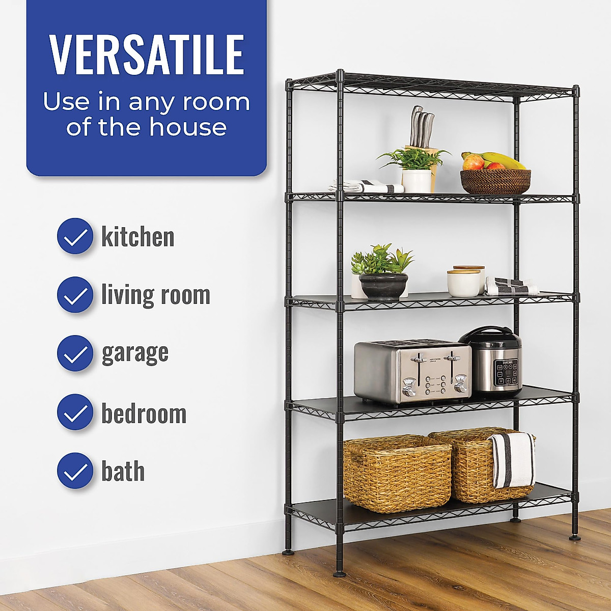 SafeRacks - NSF Certified Storage Shelves, Zinc, Heavy Duty Steel Wire Unit with Wheels and Adjustable Feet, Garage or Bakers Rack, Kitchen, Pantry Shelf - (36"x14"x60" 5-Tier) (Black)