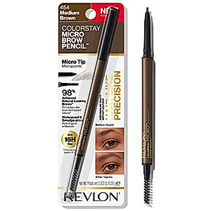 Revlon ColorStay Micro Eyebrow Pencil with Built In Spoolie Brush, Infused with Argan and Marula Oil, Waterproof, Smudgeproof, 454 Medium Brown (Pack of 1)