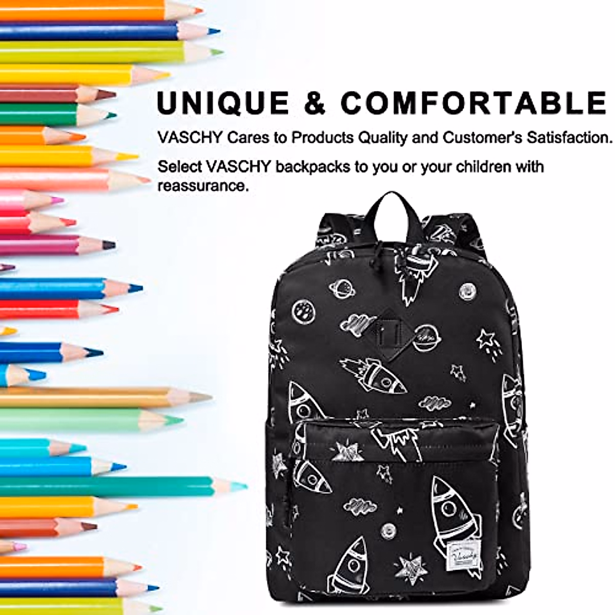 VASCHY Backpack for School, Lightweight Water Resistant Bookbag Casual Daypack for Man/Boys Rockets