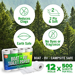 Boat and RV Toilet Paper, Septic Safe Quick Dissolving Tissue, 12 Single Rolls, Biodegradable 2-Ply for Marine, Travel, and Camper Systems, Camping Tank-Safe Bulk Pack