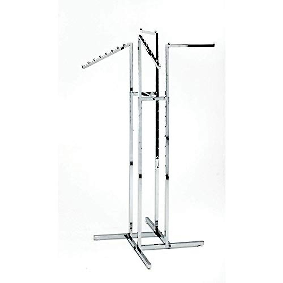 Clothing Rack – Heavy Duty Chrome 4 Way Rack, Adjustable Arms, Square Tubing, Perfect for Clothing Store Display With 2 Straight Arms and 2 Slanted Arms, Takes Up Only 32 Inches of Floor Space