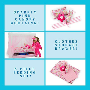 Emily Rose 18" Doll Canopy Bed with Bedding - 18-inch Doll Furniture & Accessories for Bedroom | Perfect Baby Doll Bed for Girls - Ideal 14"-18" Doll Sleeping Bed for 19 Inch Dolls