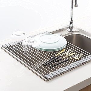 WORTHUG Bamboo Dish Drying Rack Set, 3-Tier Collapsible Bamboo Drainer Dish Drying Rack with Utensil Holder ,Multipurpose Roll-Up Dish Drying Rack