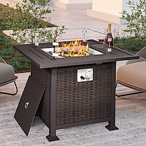 VONZOY 32 Inch Outdoor Gas Fire Pit Table, 50,000 BTU Wicker Propane Firepit w/Glass Tabletop, Glass Wind Guard, Clear Glass Rocks and Cover