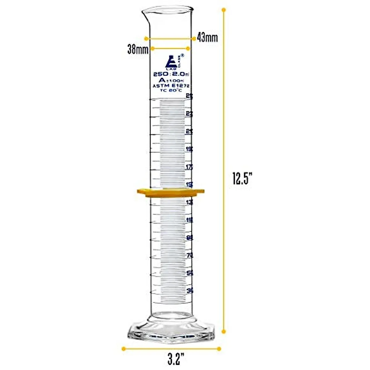 EISCO Graduated Cylinder, 250mL - ASTM, Class A Tolerance ±1.00mL - Protective Collar, Hexagonal Base - Blue Graduations - Borosilicate 3.3 Glass
