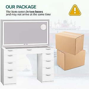 YITAHOME Vanity Desk Set with Large LED Lighted Mirror & Power Outlet, Glass Top Vanity with 11 Drawers and Magnifying Glass, 46'' Large Makeup Vanity with Storage Bench, White Vanity for Bedroom