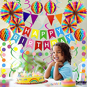 PatiCool Happy Birthday Party Decorations Pack with Rainbow Happy Birthday Banner, Honeycomb Balls, Circle Dot Garland, Paper Bunting Banner, Paper Fans and Hanging Swirls Streamers