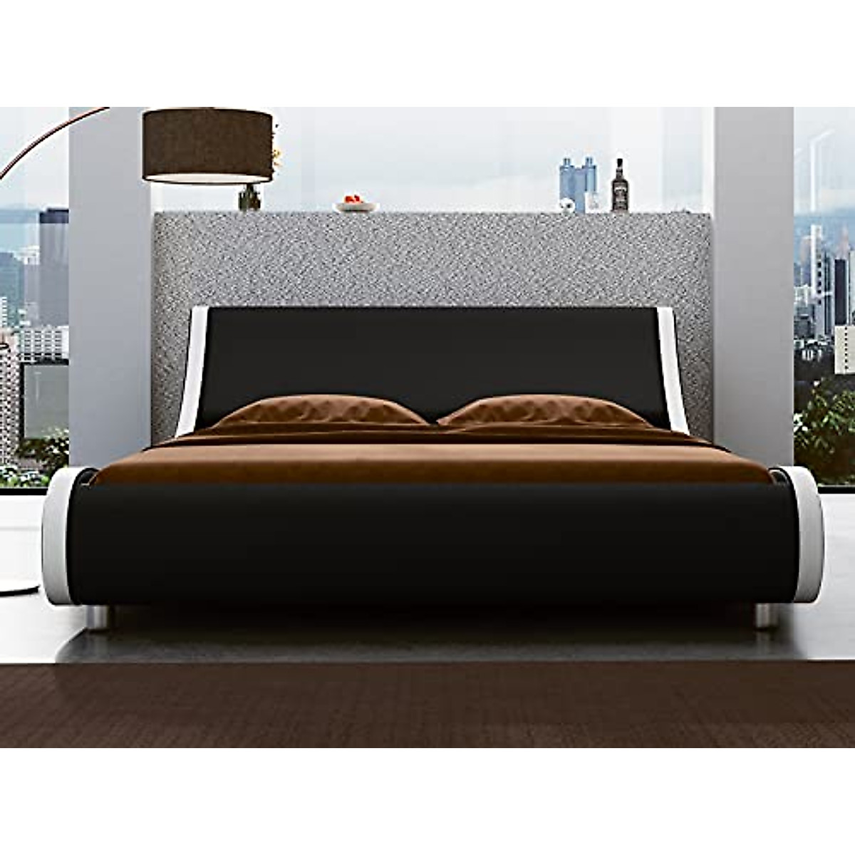 SHA CERLIN Modern Low Profile Platform Bed Frame Queen Size, Stylish Faux Leather Upholstered Sleigh Bed with Adjustable Headboard, No Box Spring Needed, Black&White