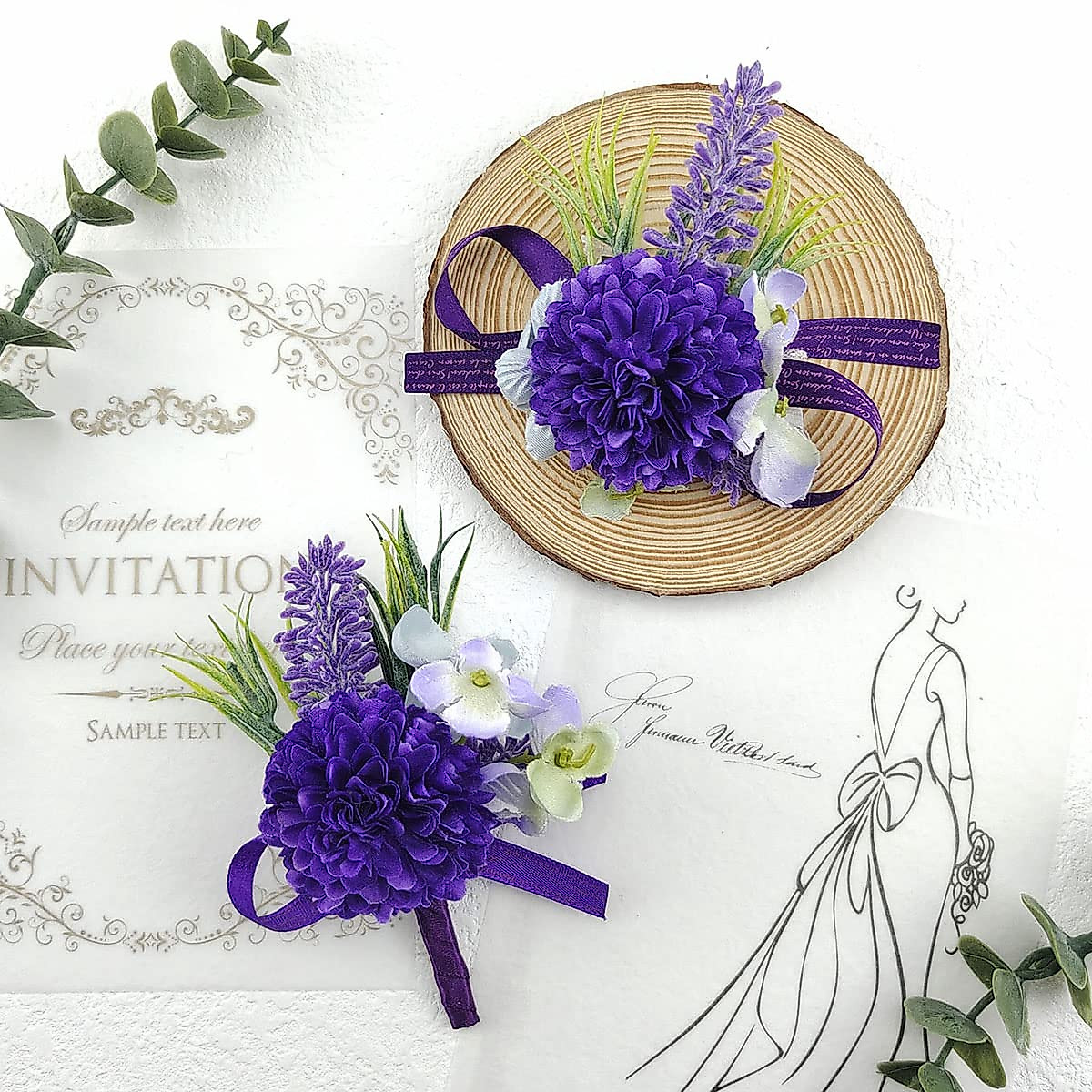 Ciandid Purple Hydrangea Wrist Corsage and Boutonniere set for Wedding Set of 6, 3PCS Groom Groomsman Boutonnieres & 3PCS Bride Bridesmaid Wrist Corsages Wristlet Band Bracelet Flower for Wedding Prom