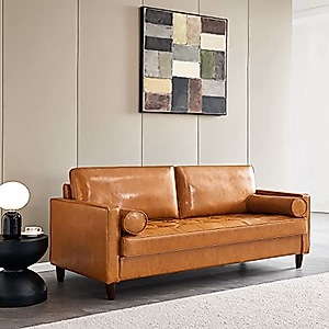 Harper & Bright Designs PU Leather Living Room Sofa, Mid-Century Upholstered 3-Seat Sofa Couch with 2 Pillows,Hidden Storage Space and Button Tufted Seat for Home or Office (3 Seat, Brown)